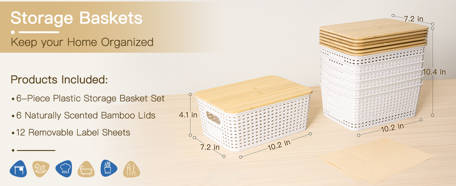 Amazon.com - 6 Pack Plastic Storage Baskets With Bamboo Lid, Stackable ...