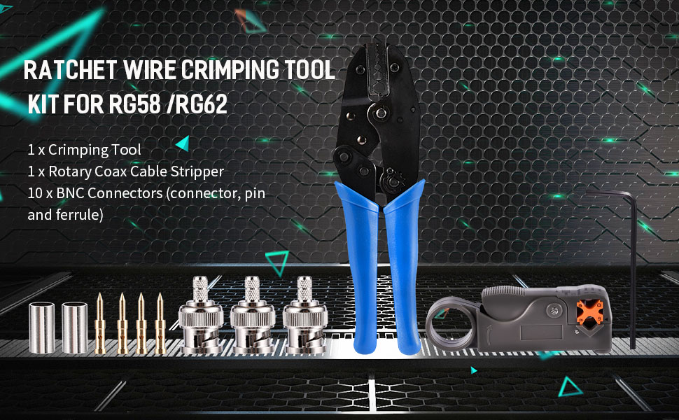 KingBra 1Set Coax RF/BNC Crimp Tool, Rotary Coaxial Cable Stripper for RG58 with 10pcs BNC Plug ...