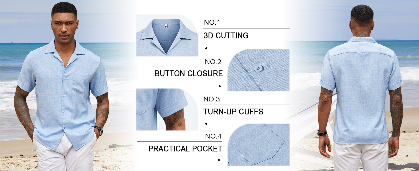 Amazon.com: COOFANDY Mens Linen Shirts Short Sleeve Cuban Collar Beach Button Down Shirt Summer ...