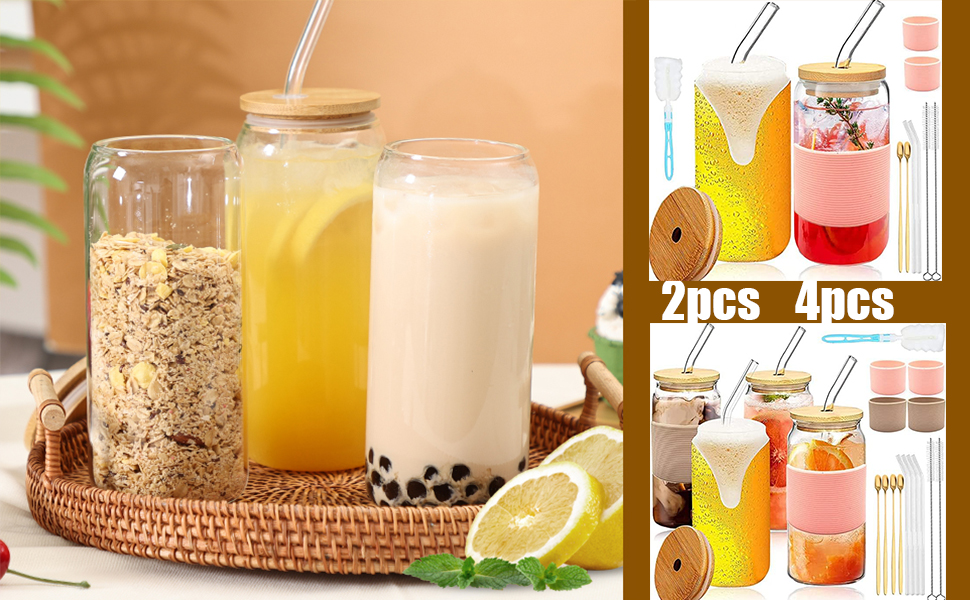 Drinking Glass Cups with Bamboo Lids and Glass Straw - Beer Can Shaped ...