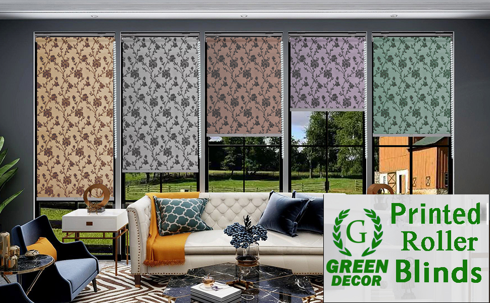 GREEN DECOR – Printed Semi - Blackout Roller Blinds for Windows, Door UV Protection, Corded Roll ...