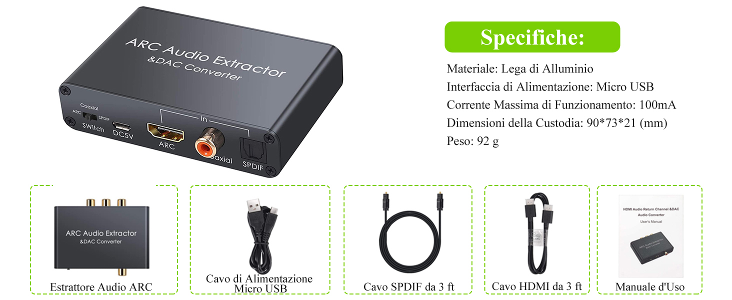 LiNKFOR 2 in 1 192KHz DAC Convertitore e Estrattore ARC HDMI con Cavo HDMI e Cavo Toslink ...