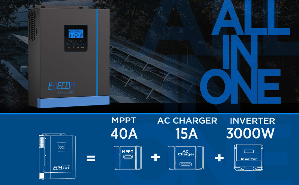 EDECOA 3000W Solar Hybrid Inverter 48V DC to 230V AC with MPPT Solar Controller and AC charger ...