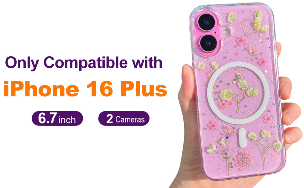 Amazon.com: ASONCE Cute Real Flowers for iPhone 16 Plus Case [Compatible with MagSafe] Glitter ...