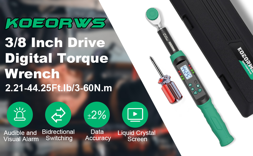 KOEORWS 3/8 Inch Drive Digital Torque Wrench, 2.21-44.25Ft.lb/3-60N.m, with Preset Value, Buzzer ...