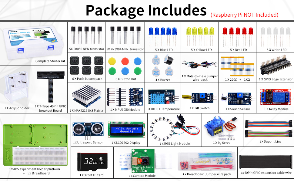 Amazon.com: GeeekPi Complete Starter Kit for Raspberry Pi 4B, Python C Java Scratch Code, with ...