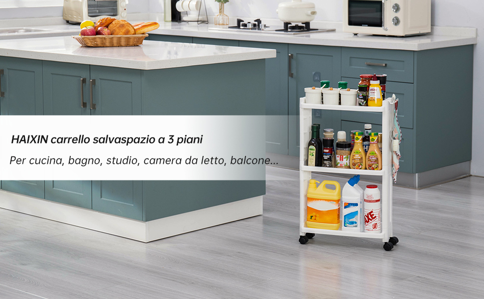 HAIXIN carrello cucina 3 livelli, carrello con ruote portatutto, carrellino salvaspazio, mensola ...