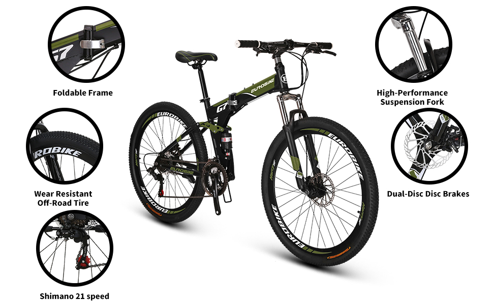 Eurobike OBK G7 Folding Bike 21 Speed Full Suspension Mountain Bicycle 27.5” Daul Disc Brake ...