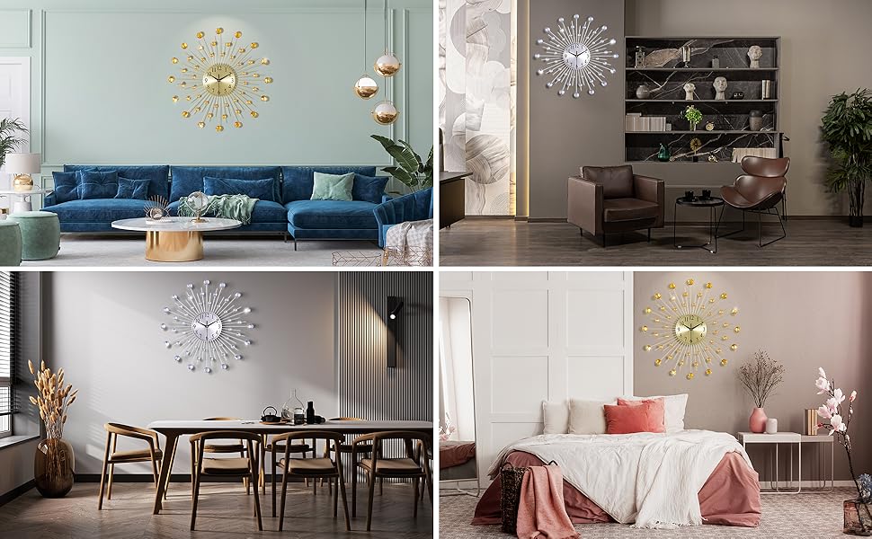 Lafocuse 23 Inch Silent Metal Silver Bling Crystal Wall Clock for ...