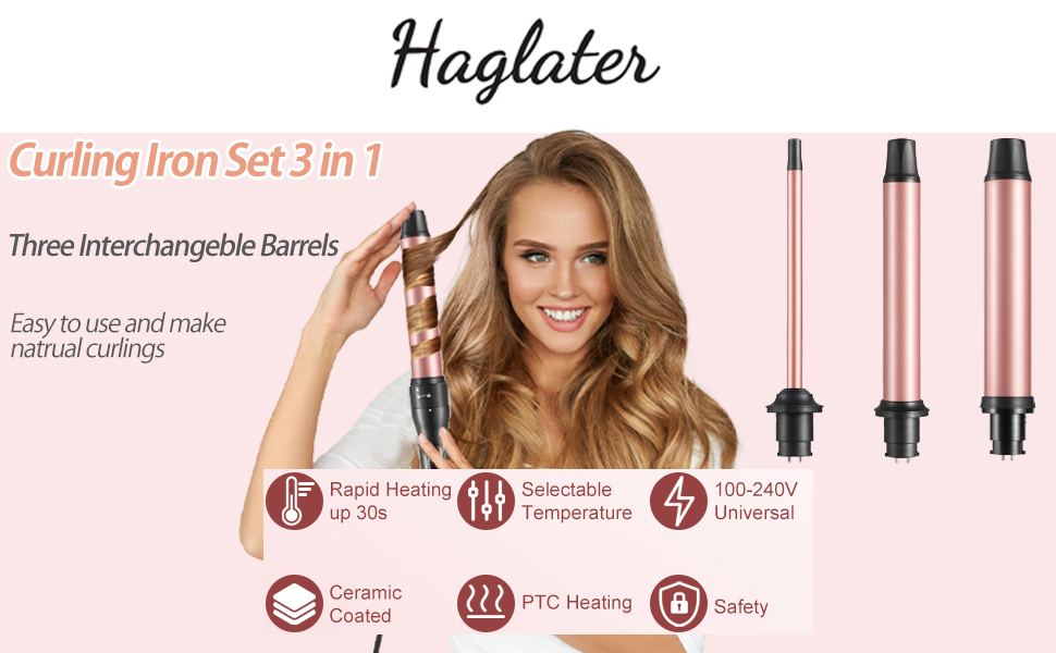 Haglater Curling Wand 3 in 1, Hair Curler Ceramic Curling Iron Set with ...