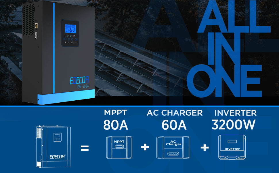 EDECOA 3000W Solar Power Inverter 24V DC to 230V 240V AC Hybrid All-in-One Inverter with 80A ...