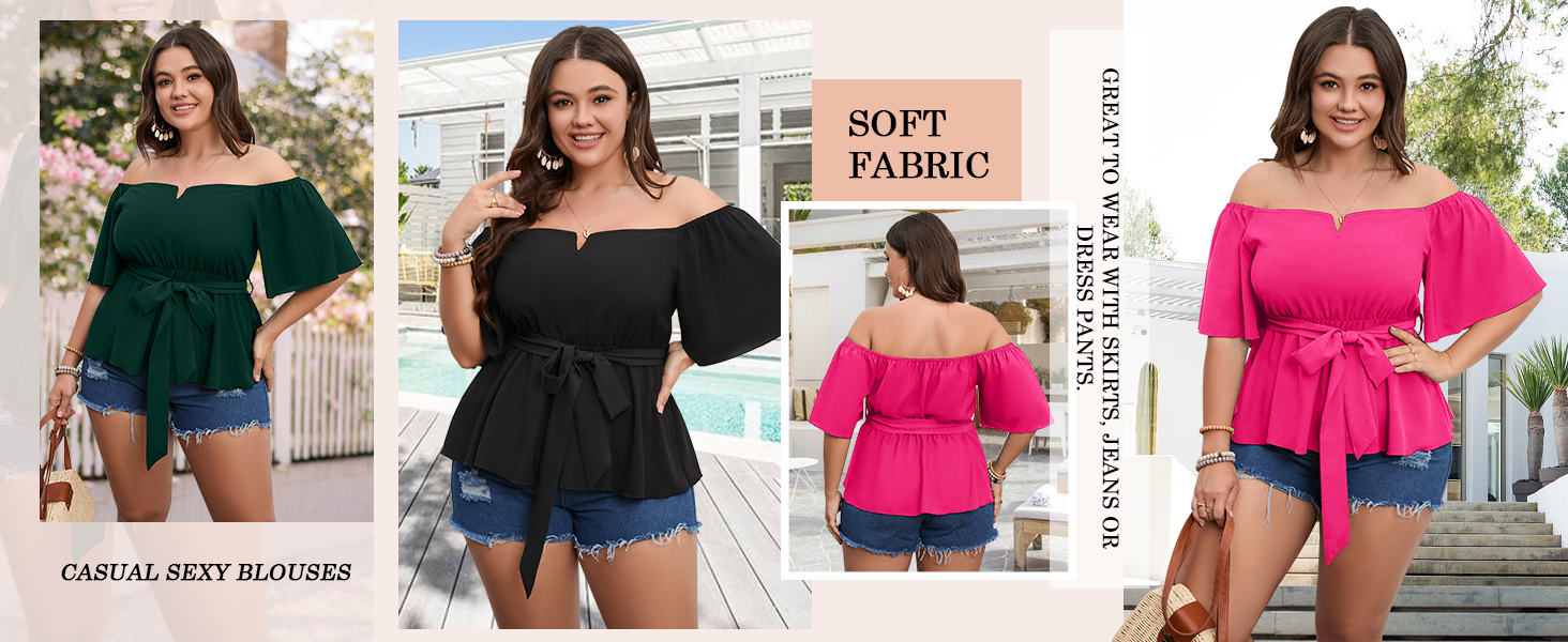 SCOMCHIC Women's Plus Size Off The Shoulder Peplum Blouse Top Half Bell ...