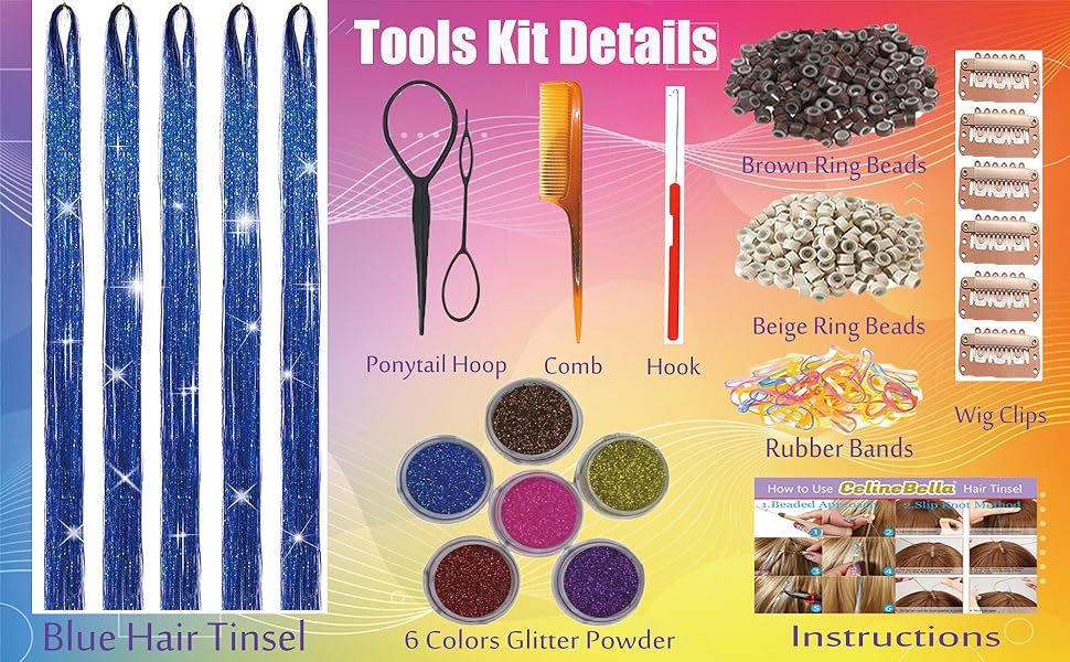 Amazon.com : CelineBella Blue Hair Tinsel Tool Kit Fairy Hair Tinsel Extensions Heat Resistant ...
