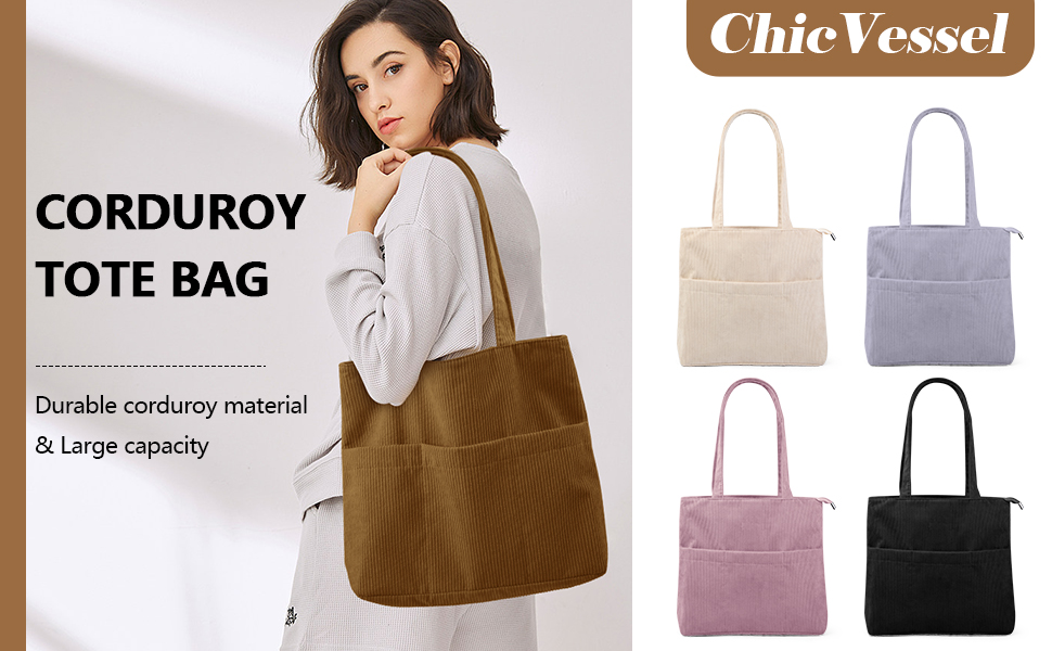 ChicVessel Tote Bag Corduroy Tote Bag for Women Large Capacity Shoulder Bags with Zipper Casual ...
