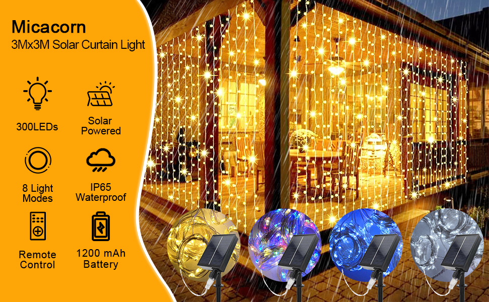 Micacorn Solar Fairy String Lights Christmas Lights Solar Curtain Light ...