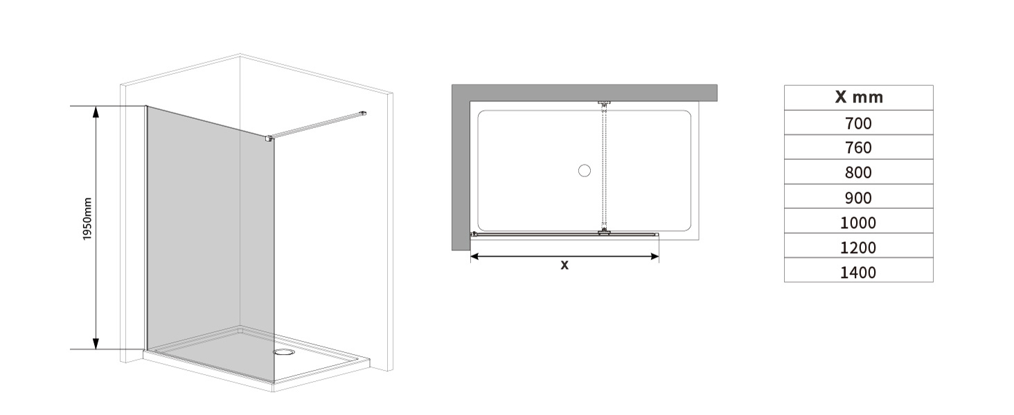 NRG 800 x 1950mm Bathroom Wet Room Screen Panel 8mm Black Grid Easy Clean Glass Black Framed ...