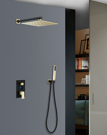 WRKMH Shower Faucet Set Black and Brushed Gold Shower System Digital Display Rainfall Shower ...