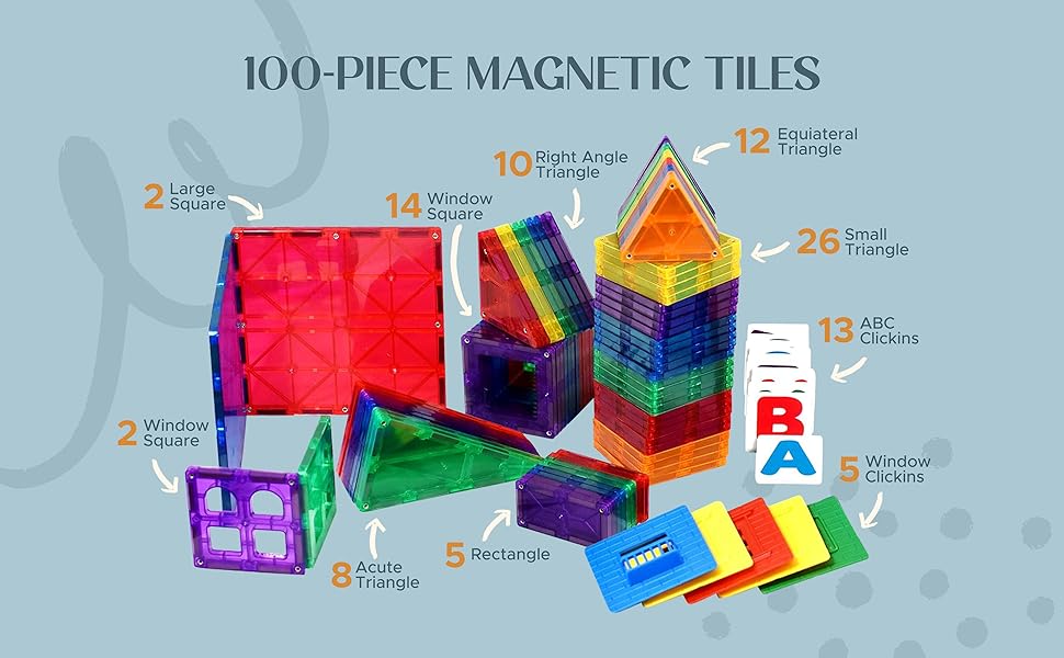 Amazon.com: Playmags 100-Piece Magnetic Tiles Building Blocks Set, 3D Magnet Tiles for Kids Boys ...