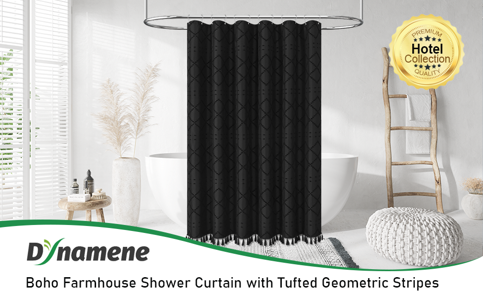 Amazon.com: Dynamene Black Fabric Shower Curtain, Boho Tufted Geometric Striped Tassel Shower ...