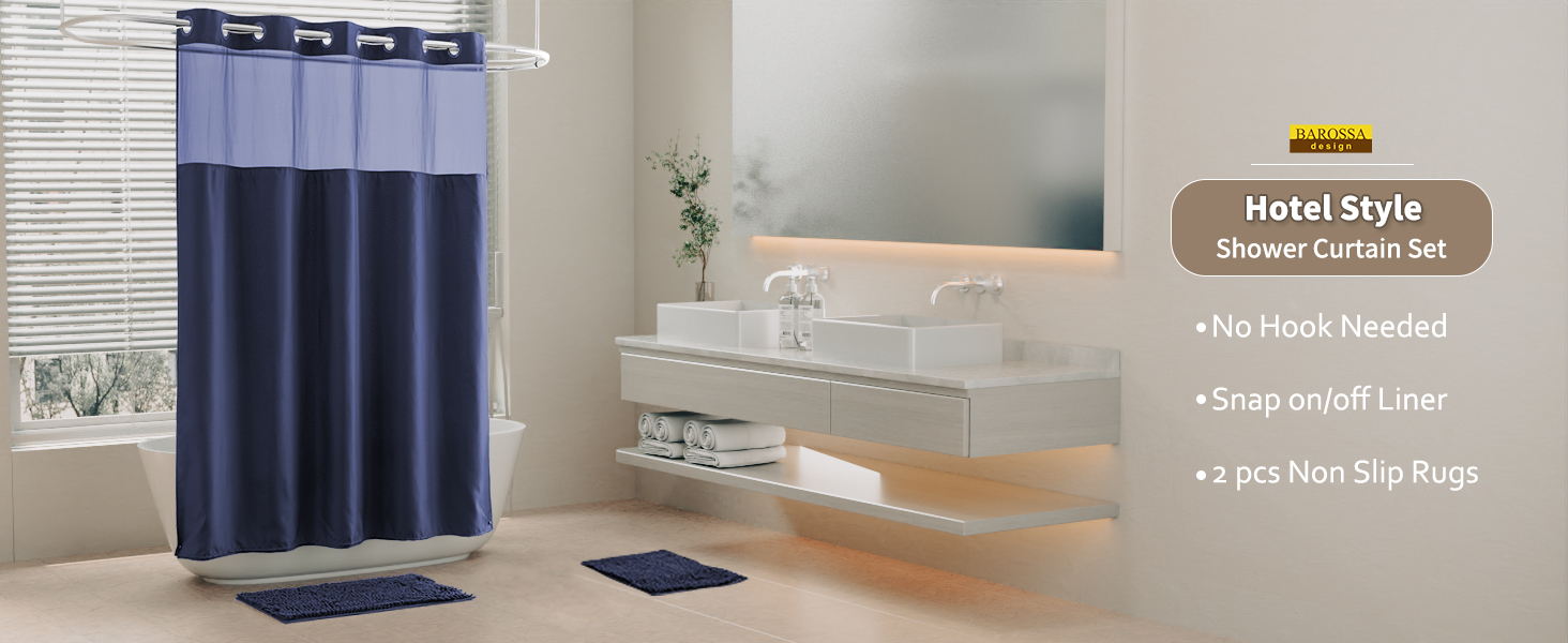 Amazon.com: 3 Pcs No Hook Navy Blue Shower Curtain Set with Chenille Bath Rugs - 71" x 74 ...