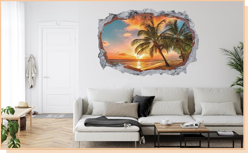 HPNIUB XL 3D Wandtattoo Sonnenuntergang,Landschaft Wandtattoo für Wohnzimmer,Wandsticker Meer ...