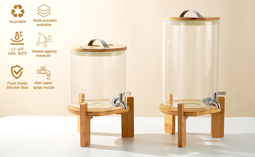 Amazon.com | Glass Drink Dispenser with Stand,Wood Stand Cold Beverage Dispensers,Glass Beverage ...