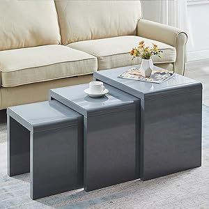 JaHECOME Nest of Tables Set of 3 Nesting Tables High Gloss Coffee Tables Stackable Design MDF ...
