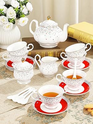 Amazon.com | fanquare 21-Piece Red English Porcelain Tea Sets, 6 Cups and Saucers, Colorful ...