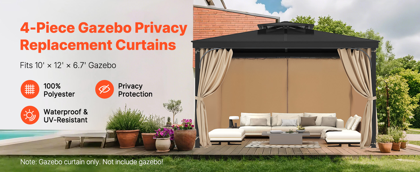 Amazon.com: VEVOR Gazebo Curtains Outdoor, Fit Most 12' x 10' x 6.7' Gazebos, 4-Panel Sidewall ...