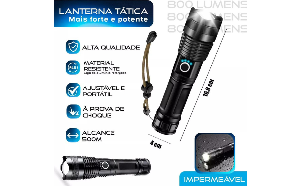 Super Lanterna Tática T9 Militar: LED de Alta Intensidade, Zoom Ajustável, USB Recarregável para ...