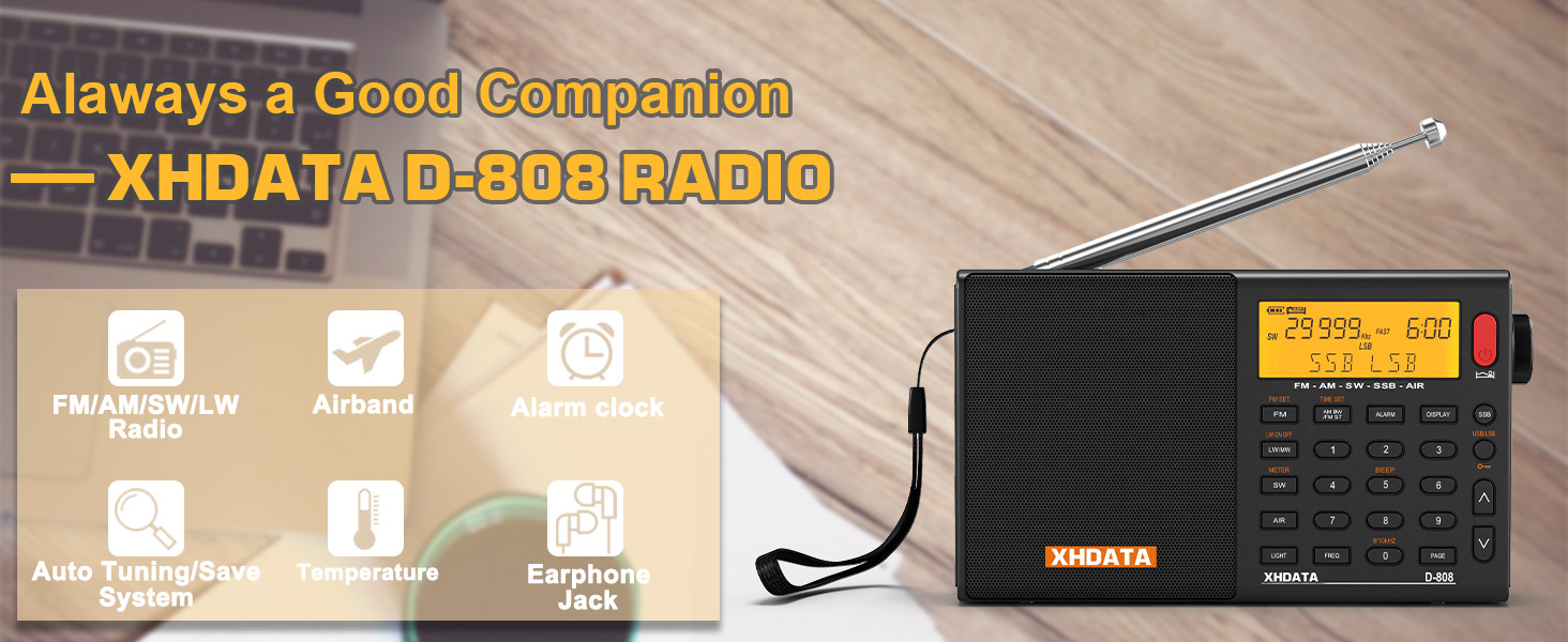 XHDATA D-808 Digital Radio Portable FM stereo/SW/MW/LW SSB RDS Air Band Multi Band Radio Speaker ...