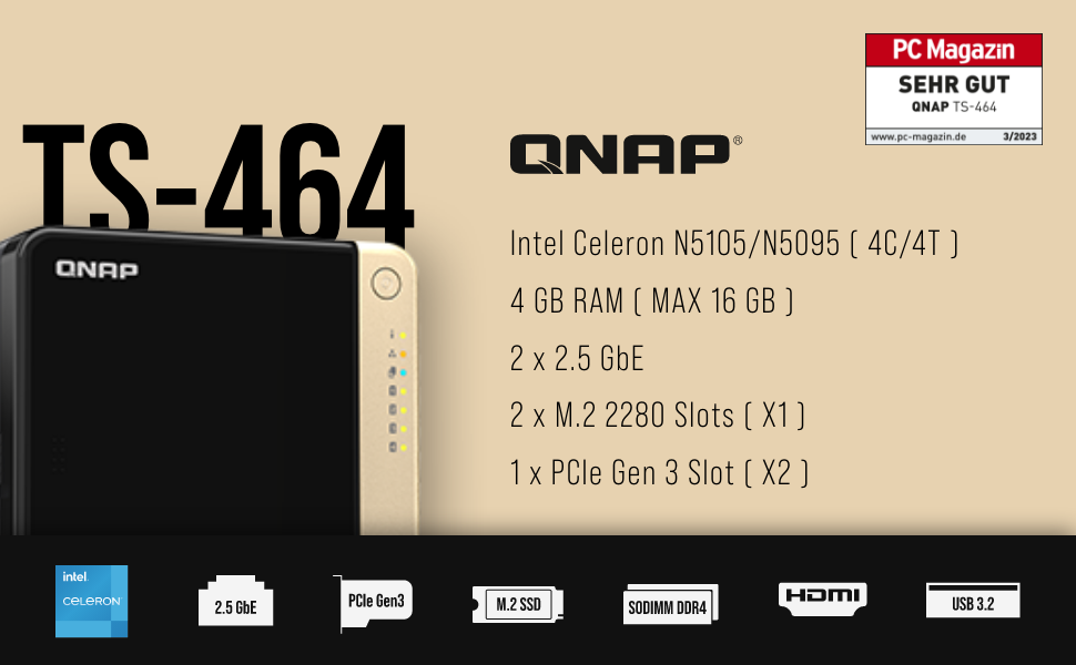 Qnap TS-464-4G NAS & Speicherserver Tower Eingebauter Ethernet-Anschluss Schwarz: Amazon.de ...