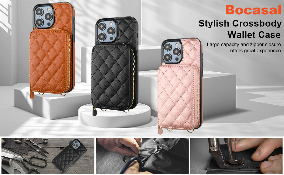 Amazon.com: Bocasal Crossbody Wallet Case for iPhone 14 Pro Max, RFID Blocking PU Leather Zipper ...