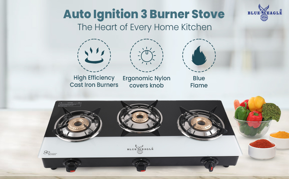 Blue Eagle 3 Burner Auto Ignition with Toughened Glass Gas Stove Cooktop | High Efficiency Cast ...