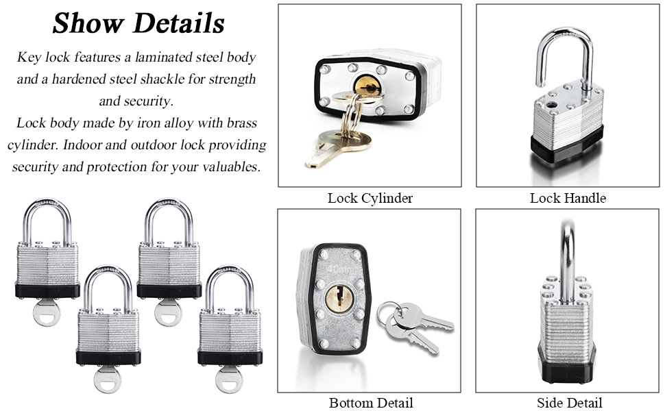 4 Pack Keyed Alike Padlocks - 40mm High Security Heavy Duty With Keys for Gym, Warehouse ...