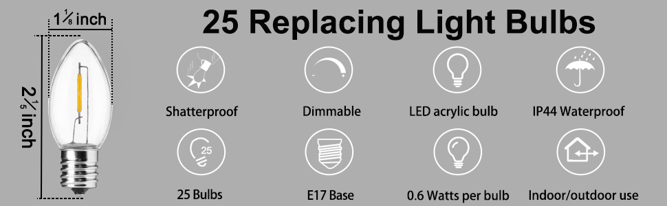 Minetom 25 Pack C9 LED Christmas Light Bulbs, Clear Plastic C9 ...