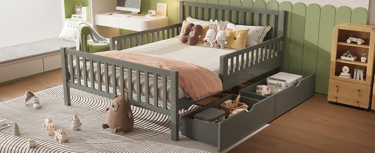 Amazon.com: Bellemave Girls Full Bed Frame with Storage Drawers and Both Sides Guardrails, Kids ...