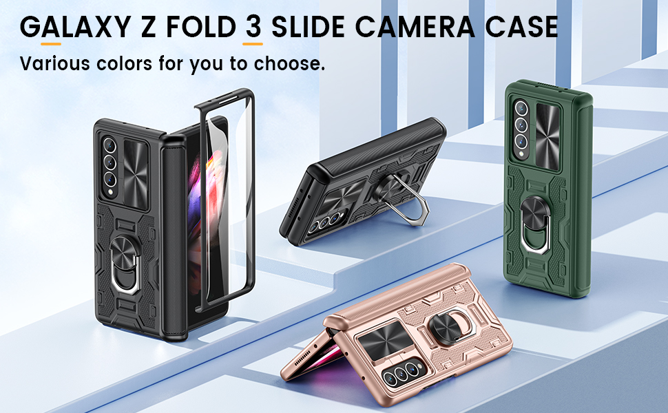 Caka Galaxy Z Fold 3 Case with Slide Camera Lens Cover, Built-in Kickstand Ring Holder Tempered ...