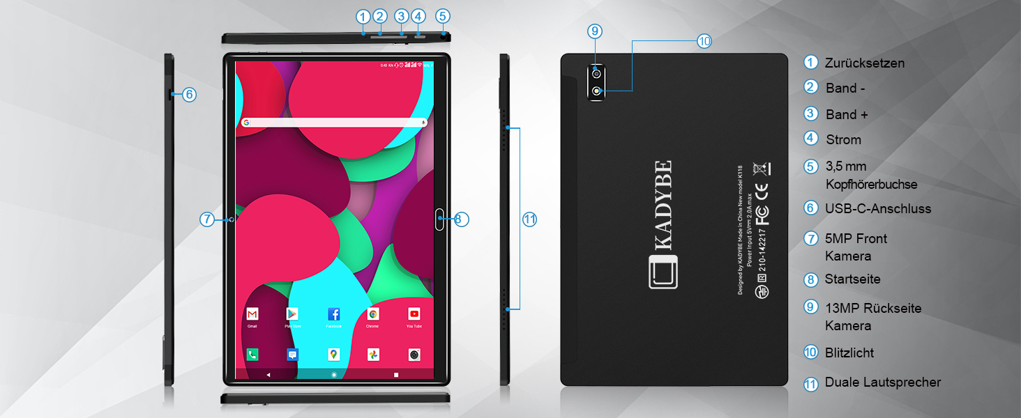 KADYBE 2025 Neueste Android 13 Tablet 10 Zoll,2-in-1 Tablet Mit 2 SIM Slots 1 SD, 64GB ROM TF ...
