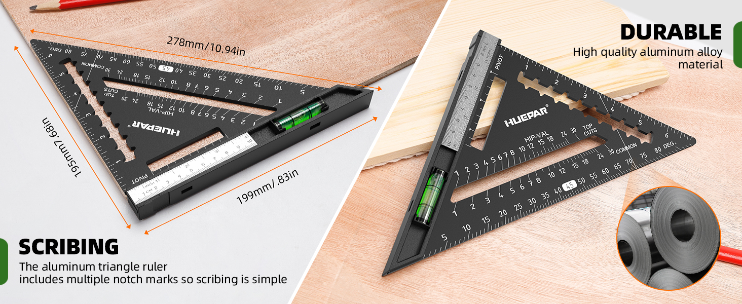 Huepar Carpenter Square Layout Tool, 7 Inch Multifunctional Rafter ...