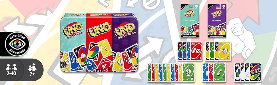 Amazon.com: Mattel Games UNO Card Game with 2 Add On Packs & Collectible Tin for Kids, Adults ...