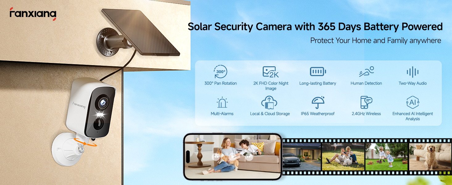 fanxiang 2K Wireless Security Camera Outdoor with Solar Panel & 64GB Card, Rechargeable Battery ...