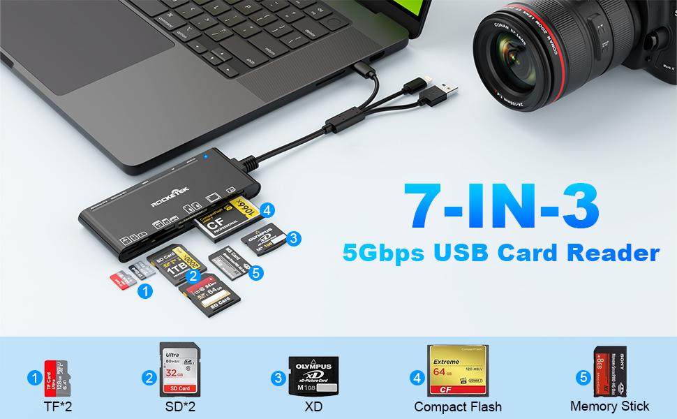 Amazon.com: 7 in 3 Multi Memory Card Reader - USB C Lighting USB3.0 ...
