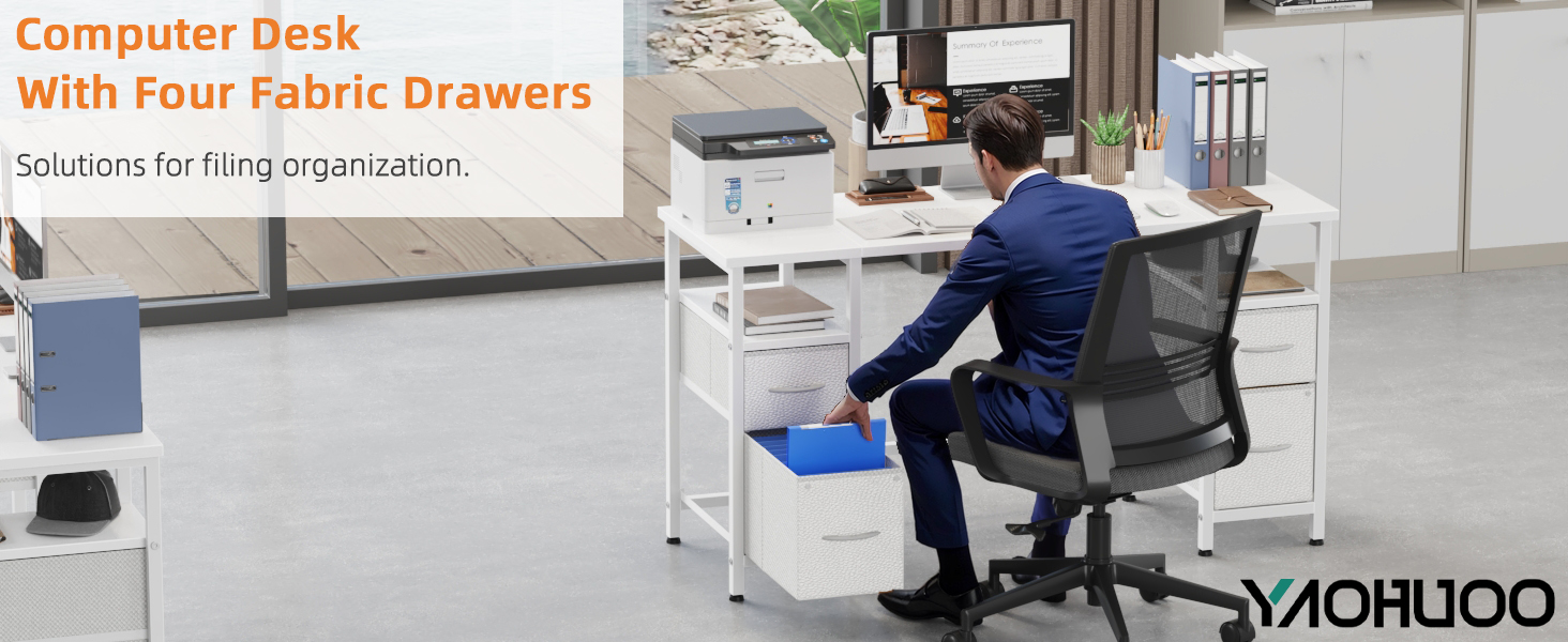 YAOHUOO Computer Desk with 4 Fabric Drawers Organizer - 63"/160 Office ...