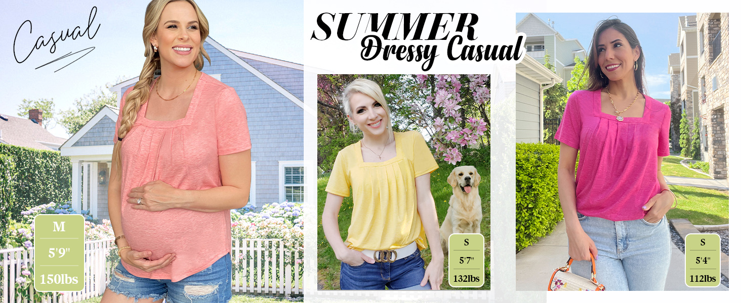 Womens Summer Tops Square Neck Pleated Front Short Sleeve Tunic Shirts ...