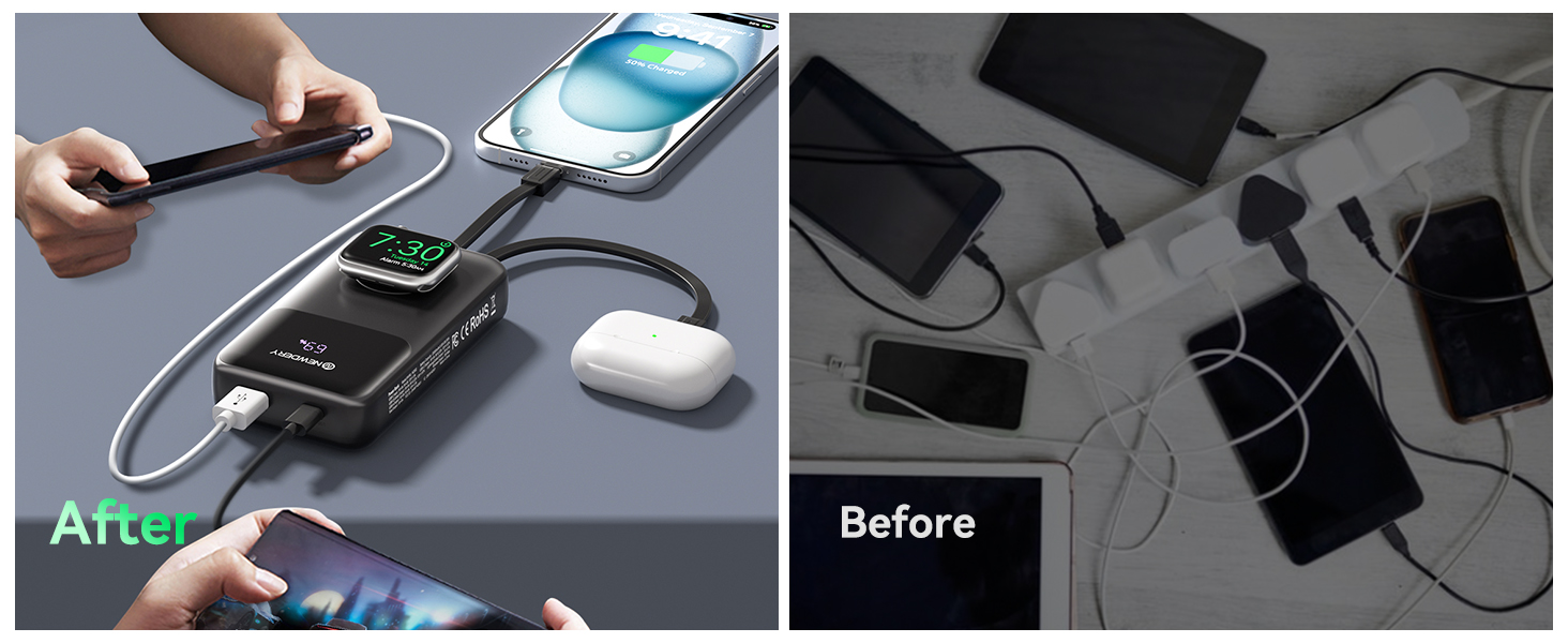 NEWDERY 20000 mAh Portable Power Bank for Apple Watch Charger Built-in Cables, PD 20W Fast ...