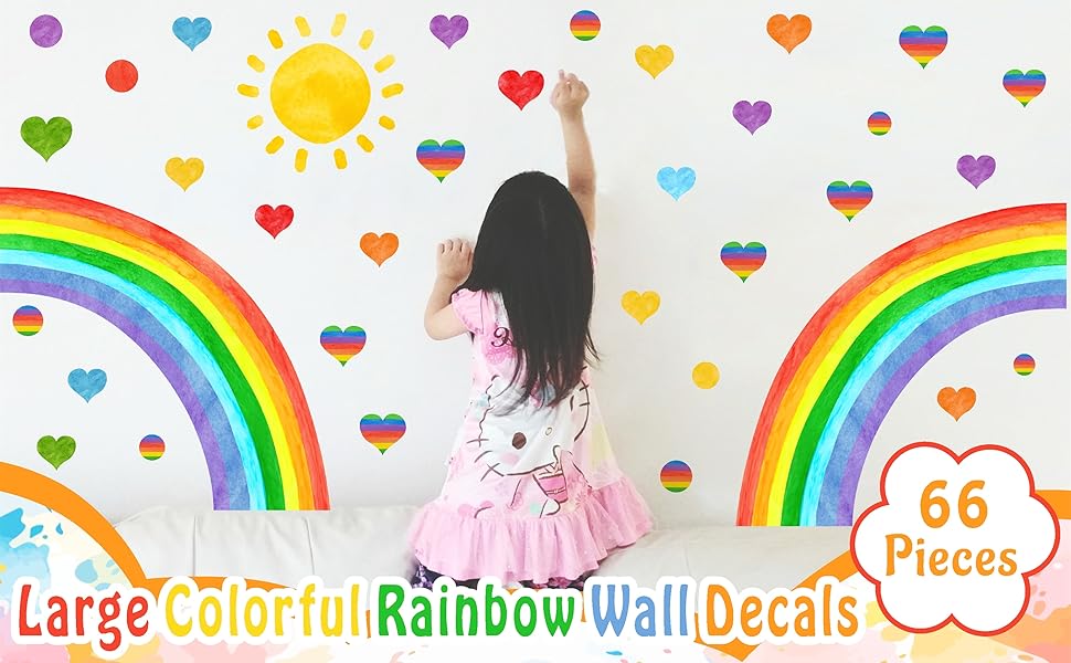Amazon.com: Large Colorful Rainbow Wall Decals Watercolor Sun Wall Decal Peel and Stick Heart ...