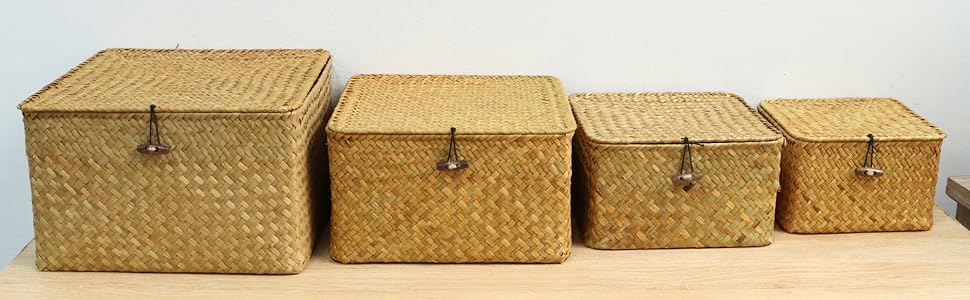 Amazon.com: FEILANDUO 4Pcs Wicker Storage Baskets with Lids Seagrass ...