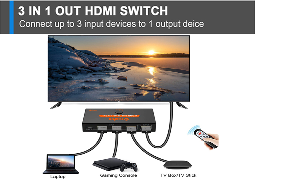Amazon.com: Rasfox HD301 Powered 3-Port HDMI Switch Switcher Selector Splitter with IR Remote ...