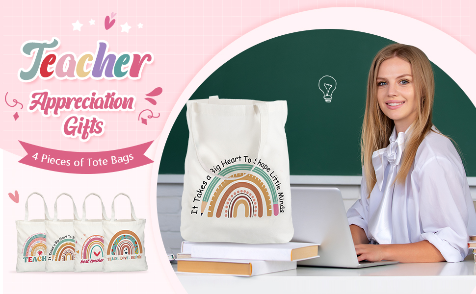 Amazon.com: Mixweer 4 Pcs Teacher Appreciation Gifts Bags Teacher Canvas Tote Bags for Women ...